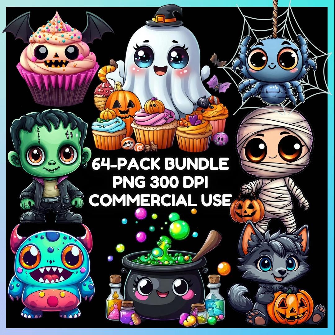 Cute Spooky Cartoon Halloween Clipart Bundle, Pumpkin Stickers ...
