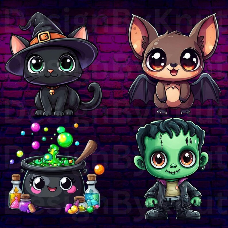 Cute Spooky Cartoon Halloween Clipart Bundle, Pumpkin Stickers ...