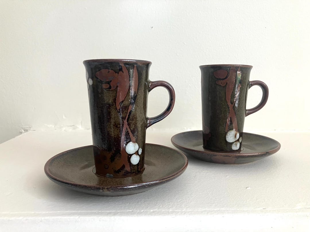 Pair of Vintage Stoneware Tall Coffee Cups With Saucers Otagiri Pottery ...
