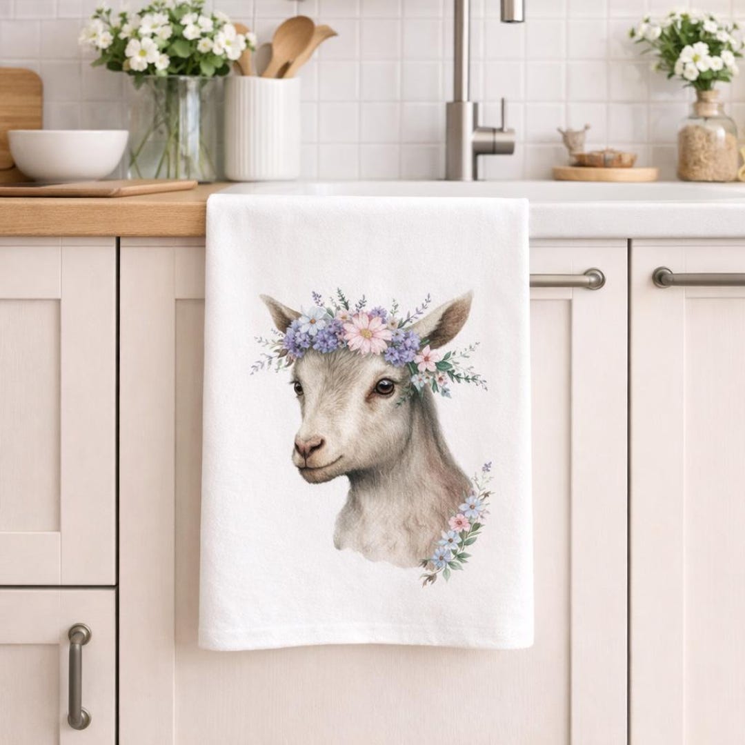 Goat Tea Towel, Floral Farm Animal Kitchen Hand Towel Cottagecore Dish ...