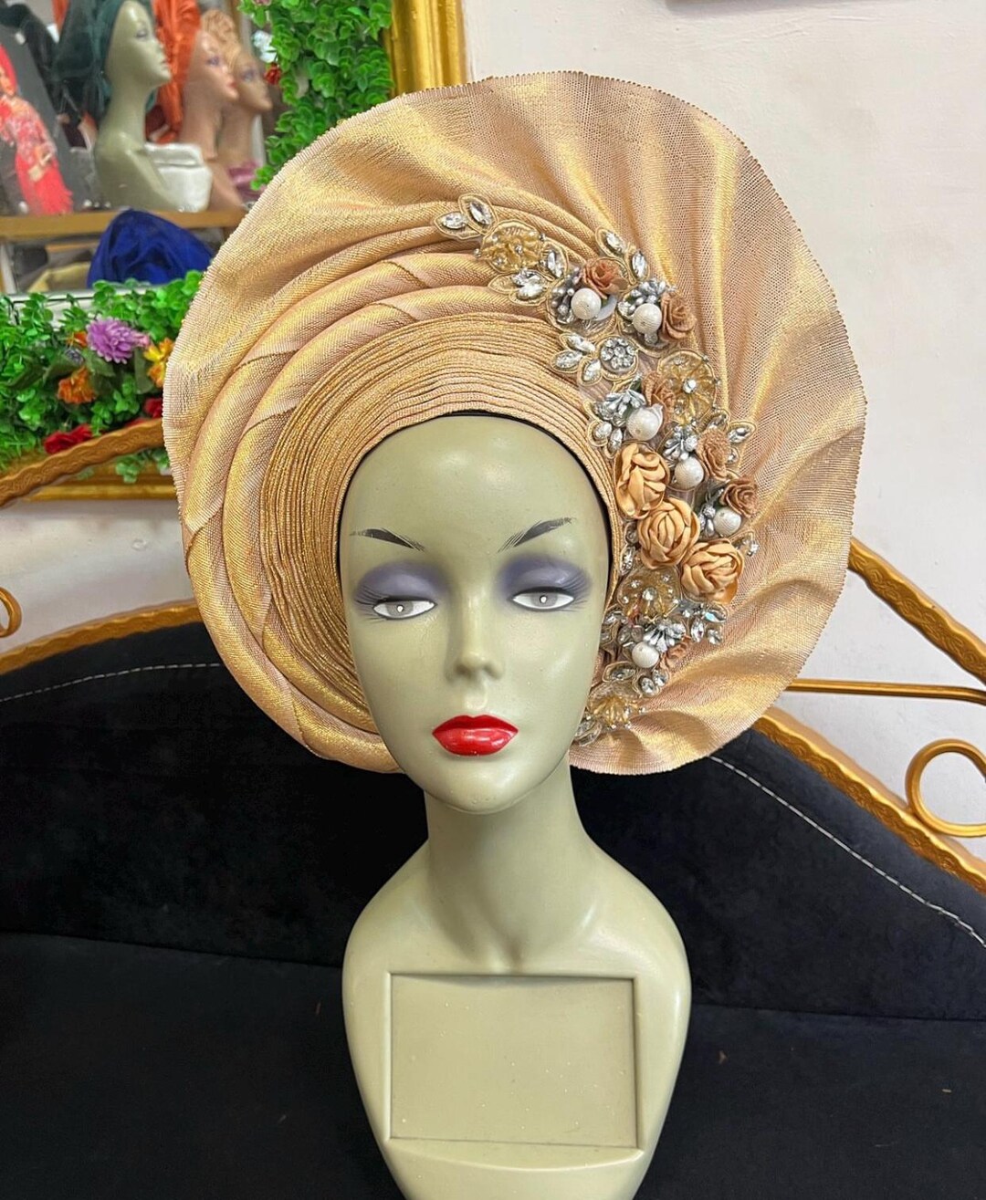 Gold Colour African Asooke Autogele for Special Occasions, Pre-tied ...