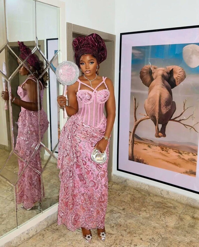 Pink African Lace Corset Dress With Gele: Beaded Nigerian Asoebi Gown ...