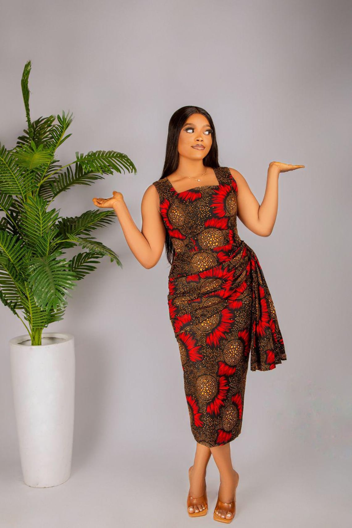 Elegant Red African Print Dress, Ankara Midi Fitted Dress With Lace ...