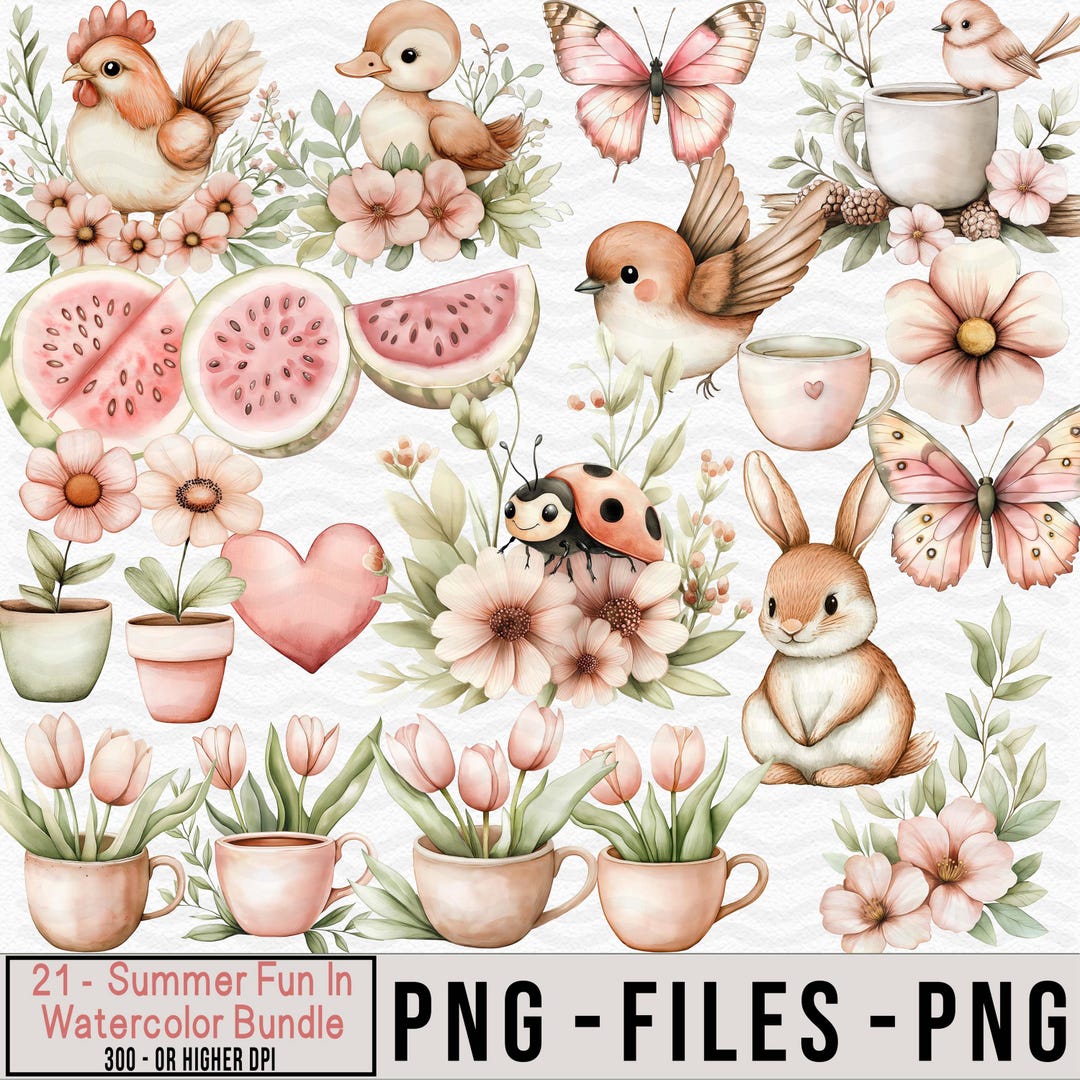 Spring Summer Clipart PNG, Watercolor Tulips Watermelon Ladybug Flowers ...