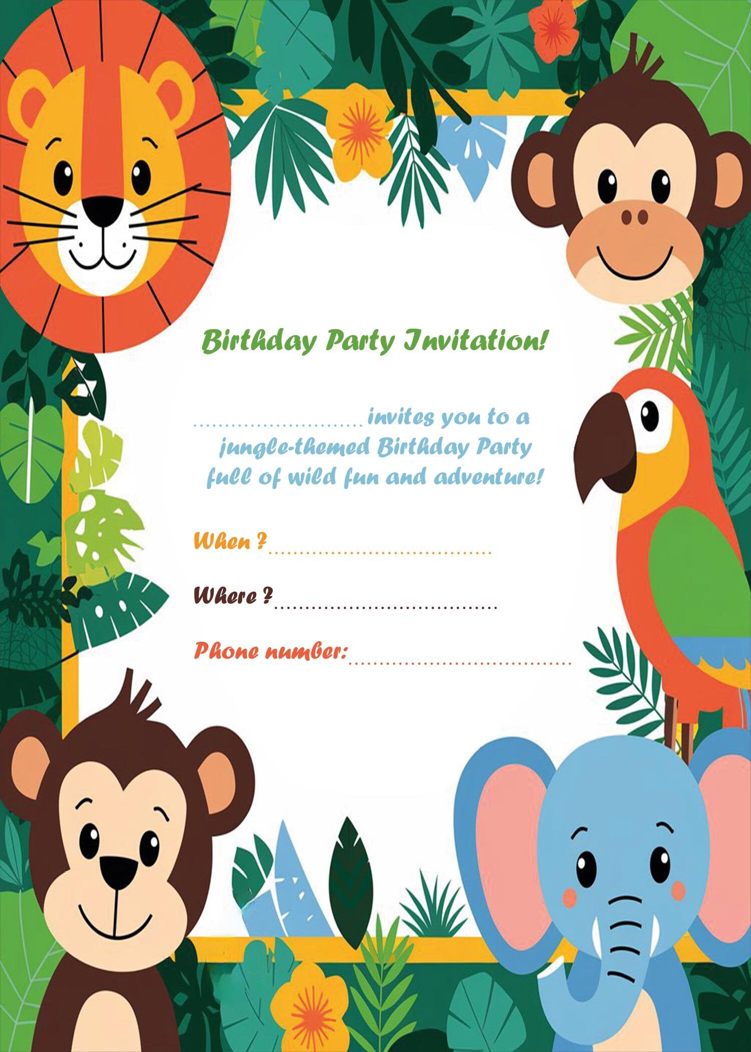 Printable Jungle Birthday Invitation Template for Kids Tropical Theme ...