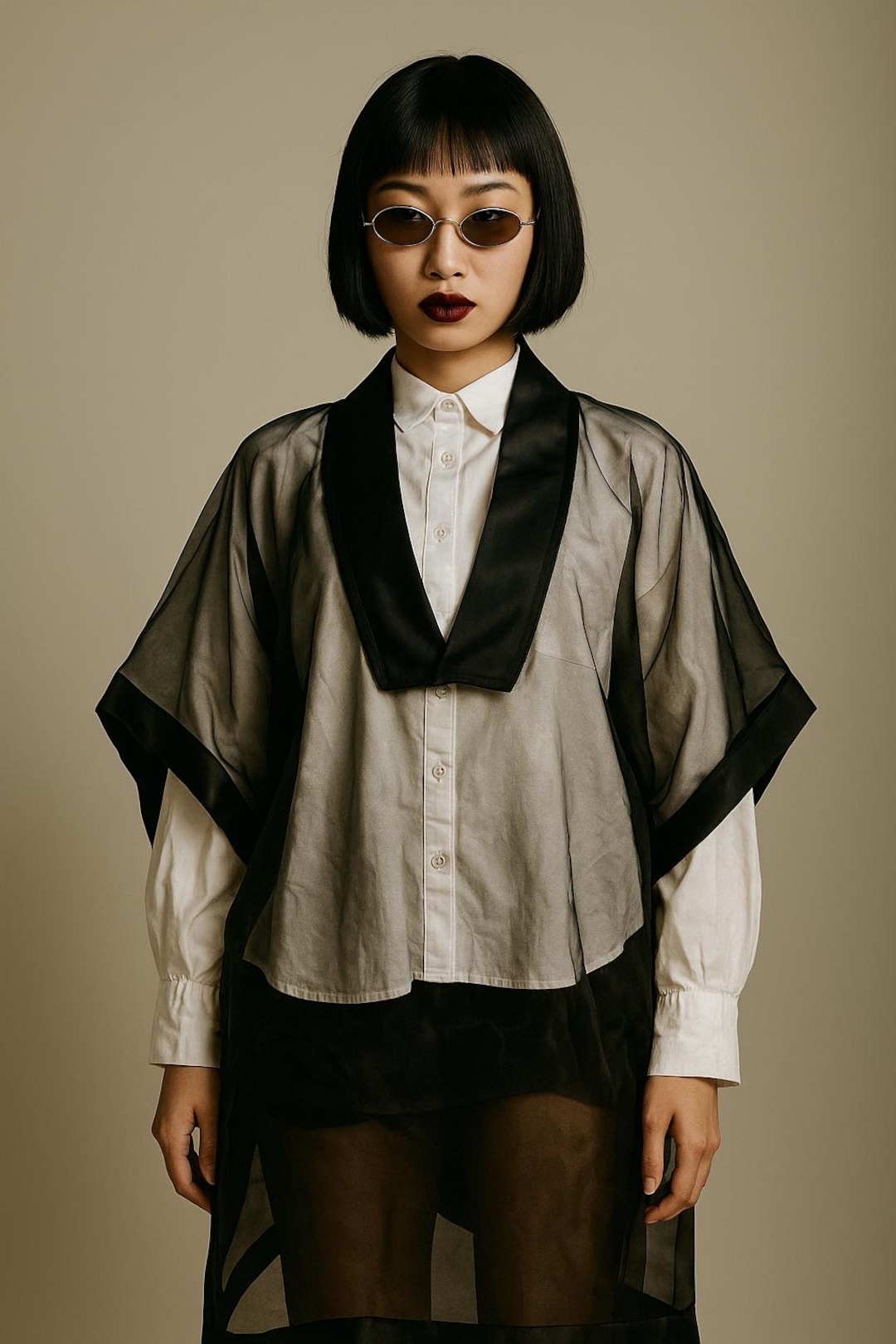 Black Sheer Organza Overall Dress: High Collar Tunic With Ruched ...