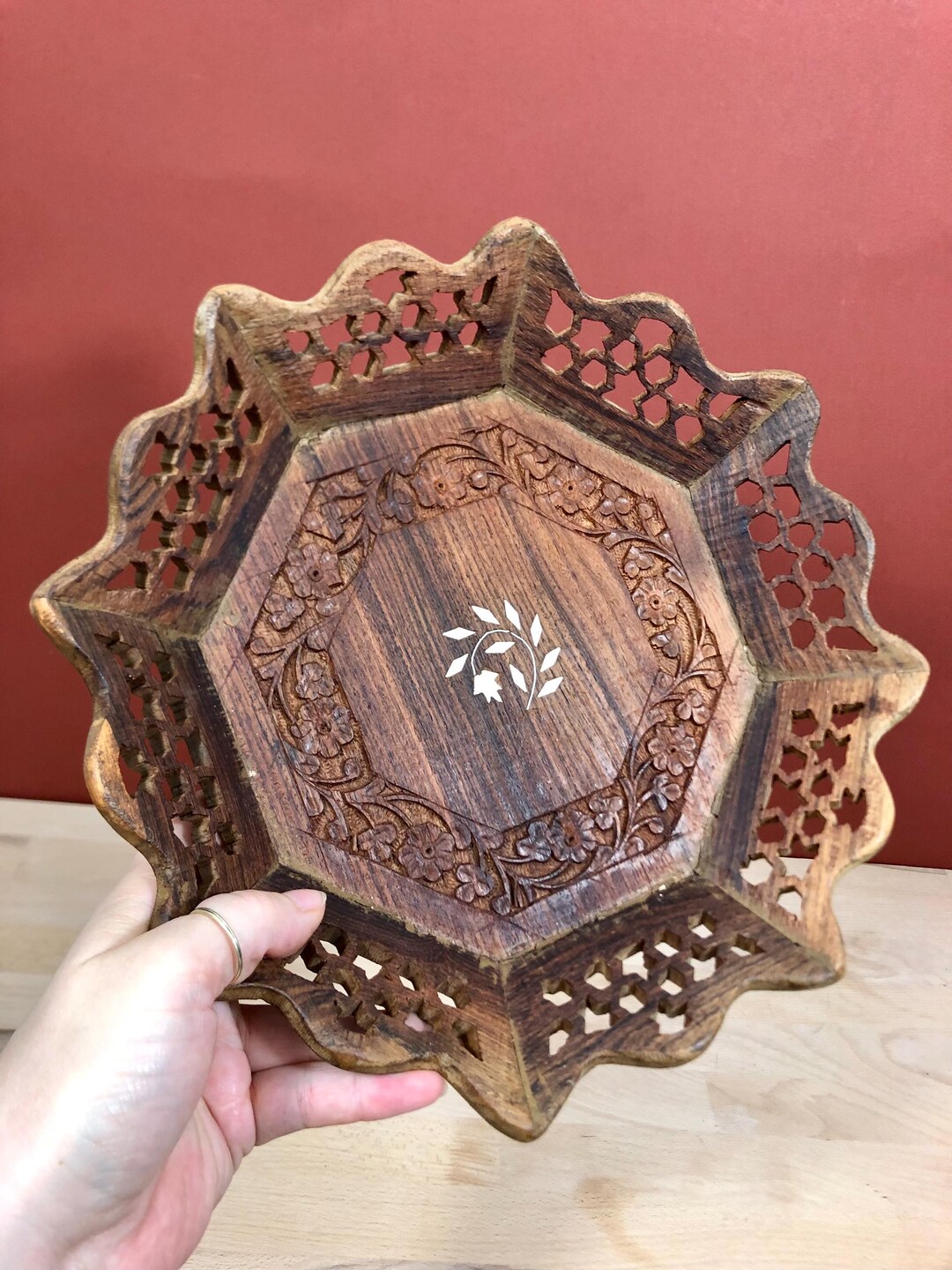Vintage Wooden Bowl, Made in India, Inlay Tray, Hand Carved, Wooden ...