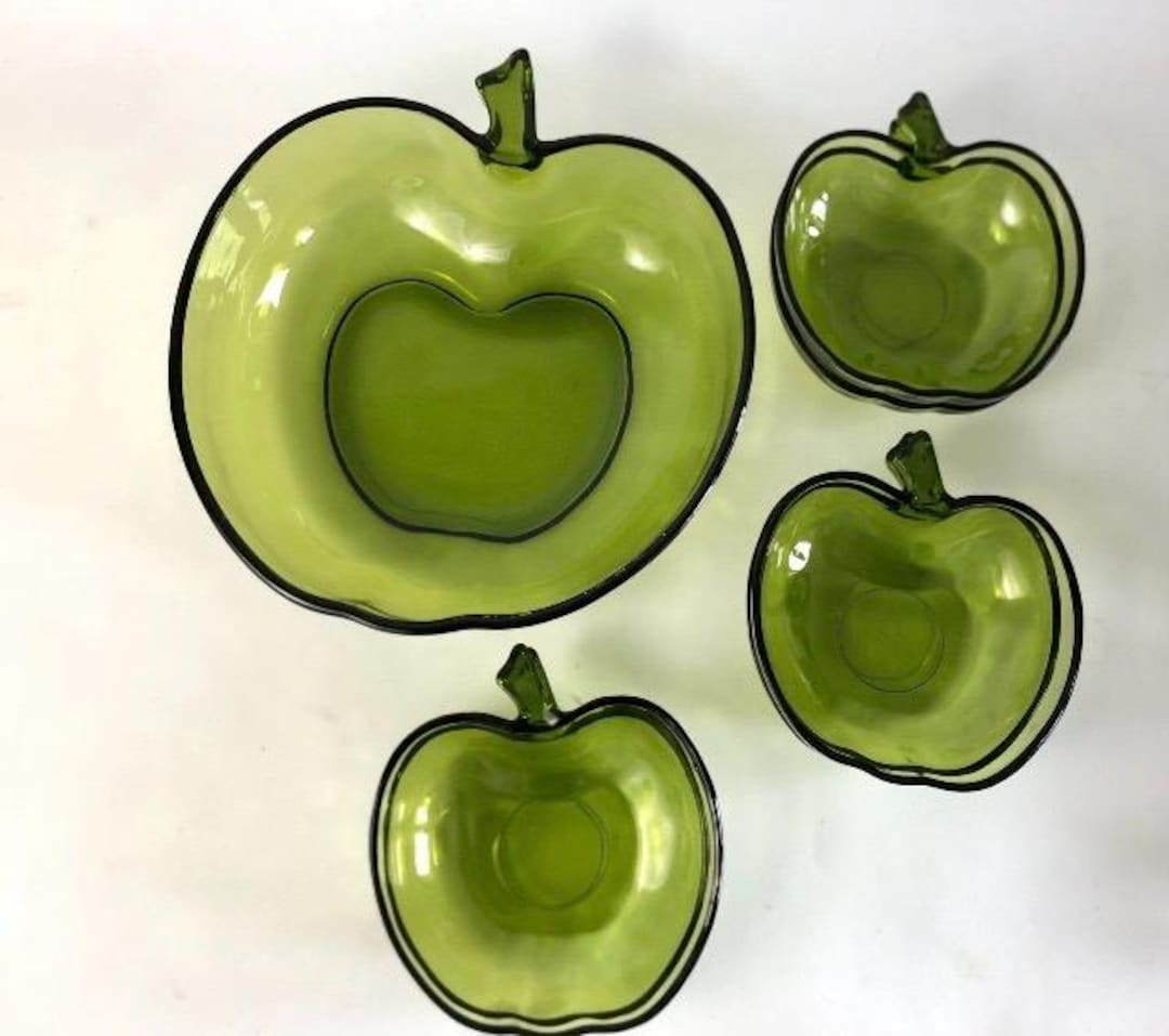 Vintage Glass Bowl Set, Apple Shape, Green Glass, Apple Bowls, 8-piece ...