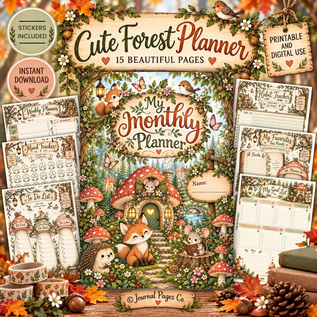 Forest Cottagecore Planner Journal Bundle, Printable Cozy Autumn ...