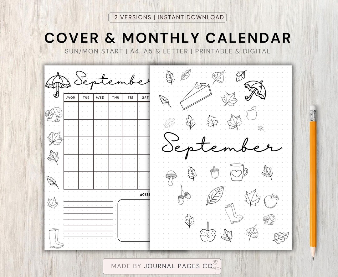 September Cover Page + Undated Monthly Calendar: Printable Bullet ...