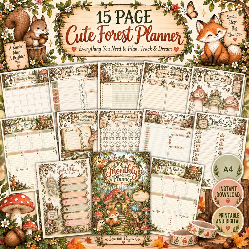 Forest Cottagecore Planner Journal Bundle, Printable Cozy Autumn ...