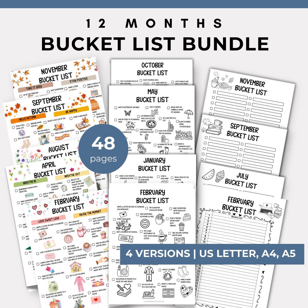 12 Monthly Bucket List Bundle for Bullet Journal, Monthly to Do List ...
