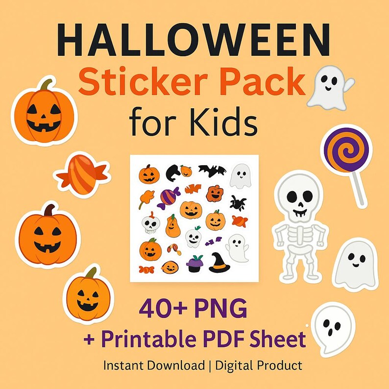 Halloween Sticker Pack for Kids | 40+ Cute Ghost, Pumpkin & Candy PNG ...