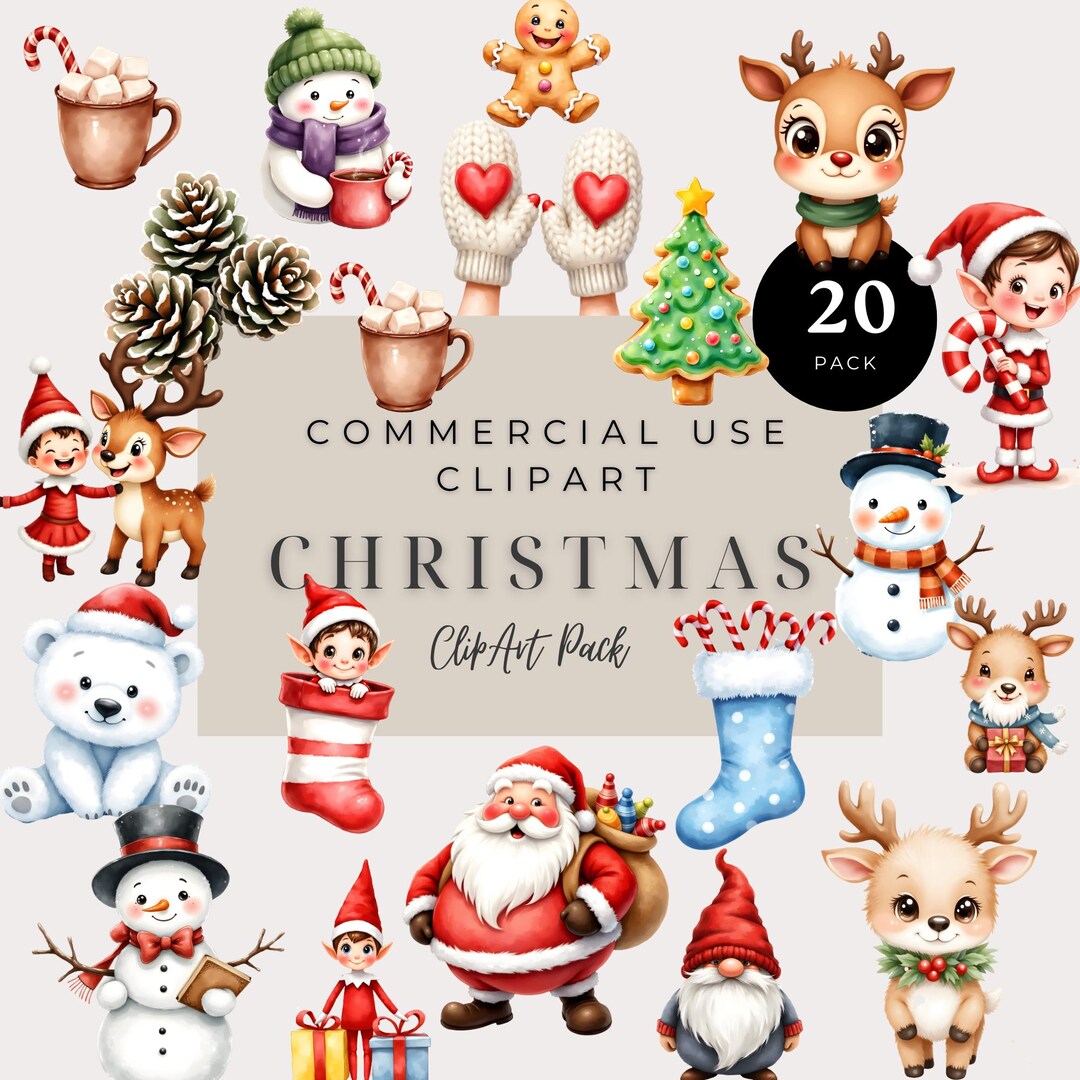 Christmas Clipart Bundle | 20 PNG Christmas Clip Art Pack | Cute ...