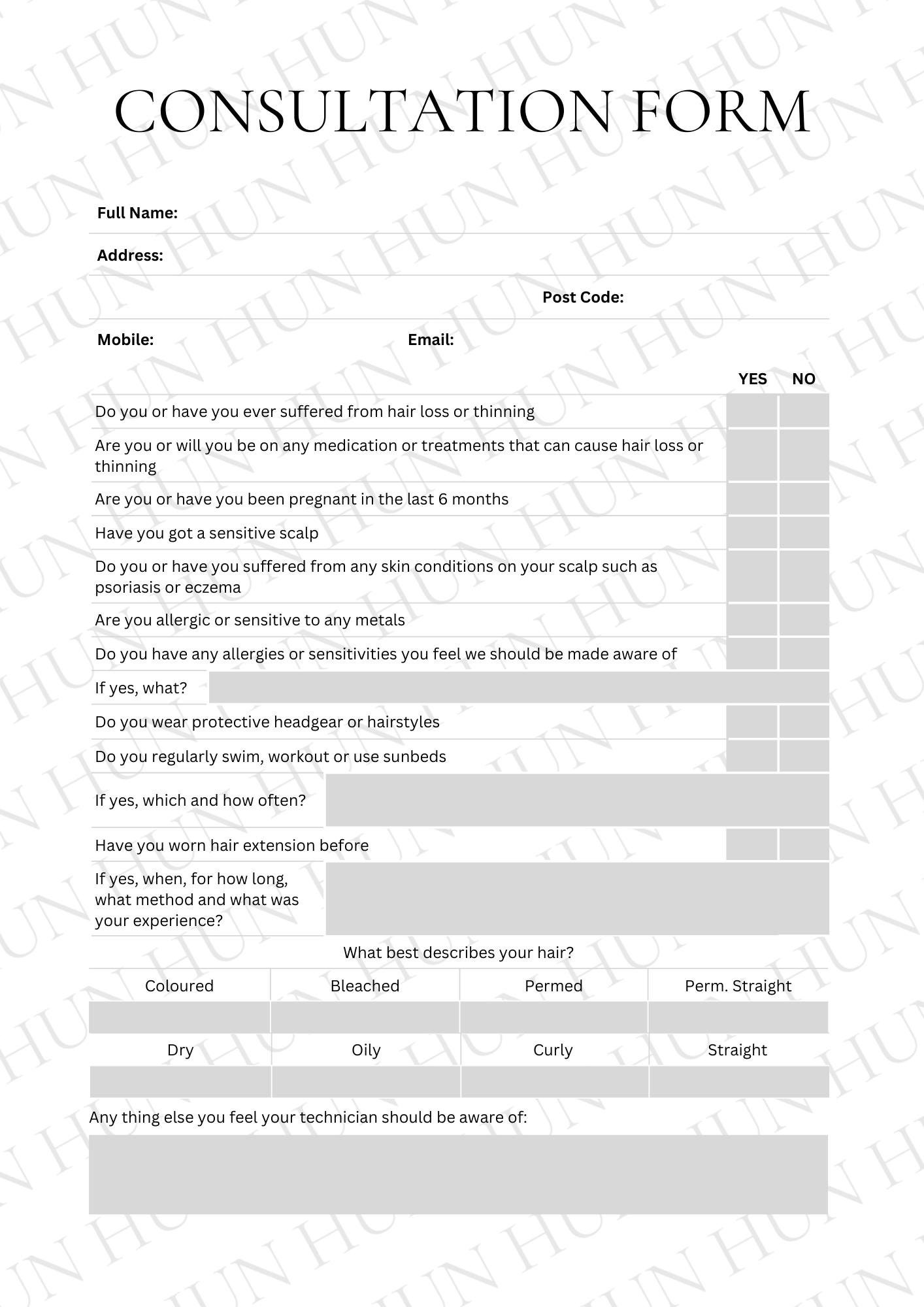 Hair Extension Consultation Form Template for Hair Extensionist ...