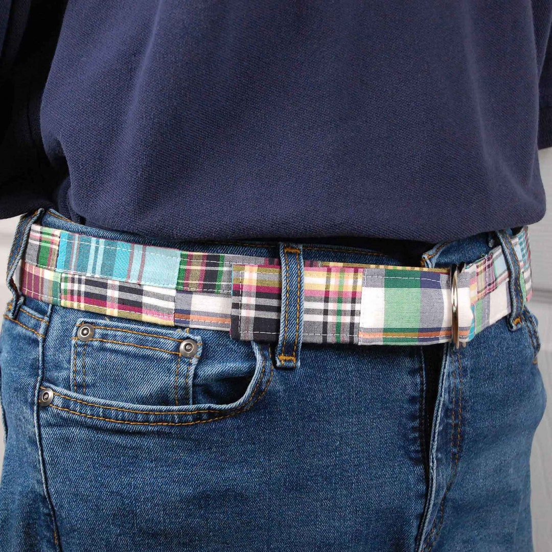 Madras Belt With D-rings Navy and Pink Colorful Patchwork Fabric Preppy Handmade Belts for Women ...