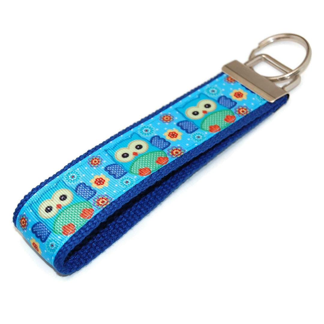 Owl Keychain Wristlet - Cute Blue Ribbon Key Fob With Owls - Etsy