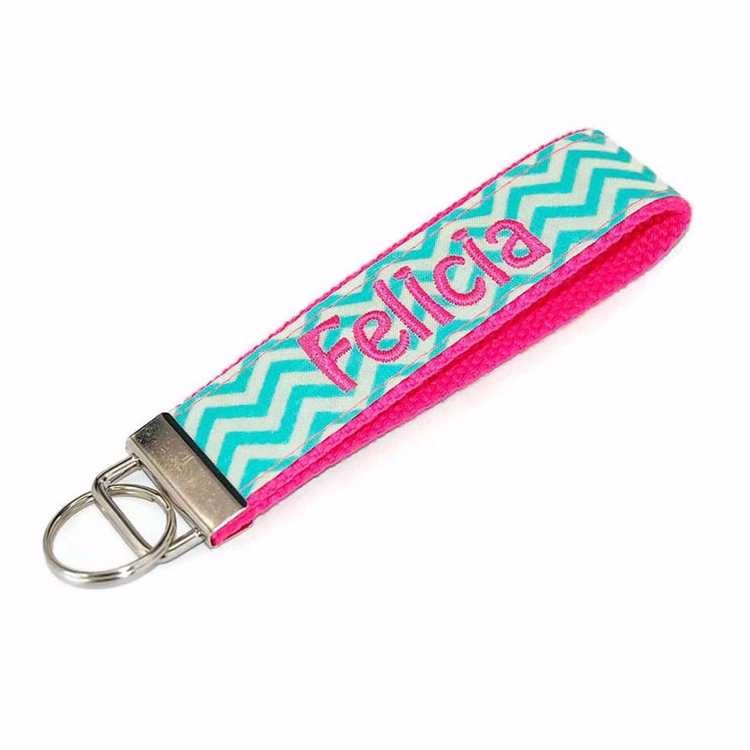 Aqua Chevron Pink Monogrammed Keychain Custom Embroidered - Etsy
