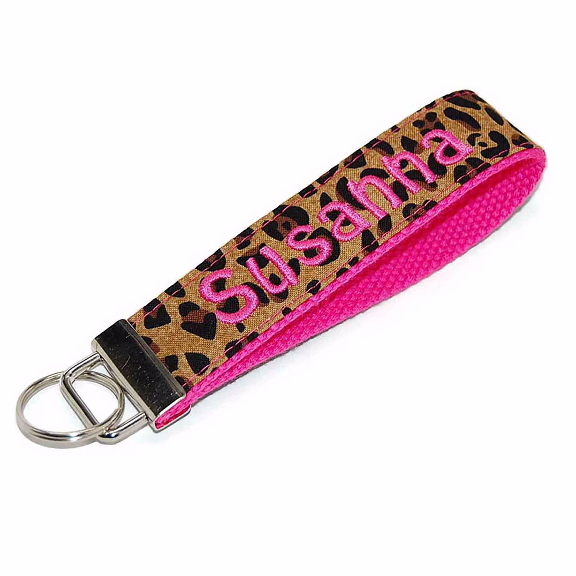 Leopard on Hot Pink Monogrammed Keychain Custom Embroidered | Etsy