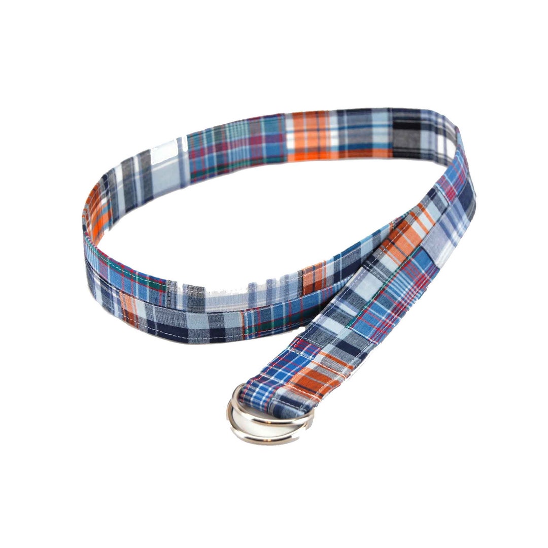 Madras D Ring Belt - Preppy Navy and Orange Plaid Patchwork Fabric - Custom Made Adult and Youth ...