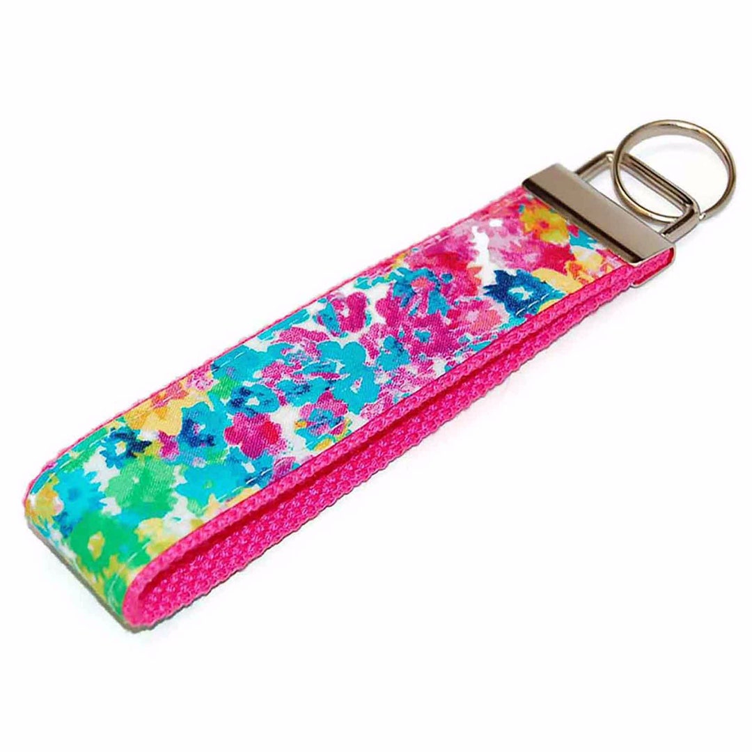 Keychain Wristlet - Rainbow Water Colors Fabric Key Fob - Pink Green ...
