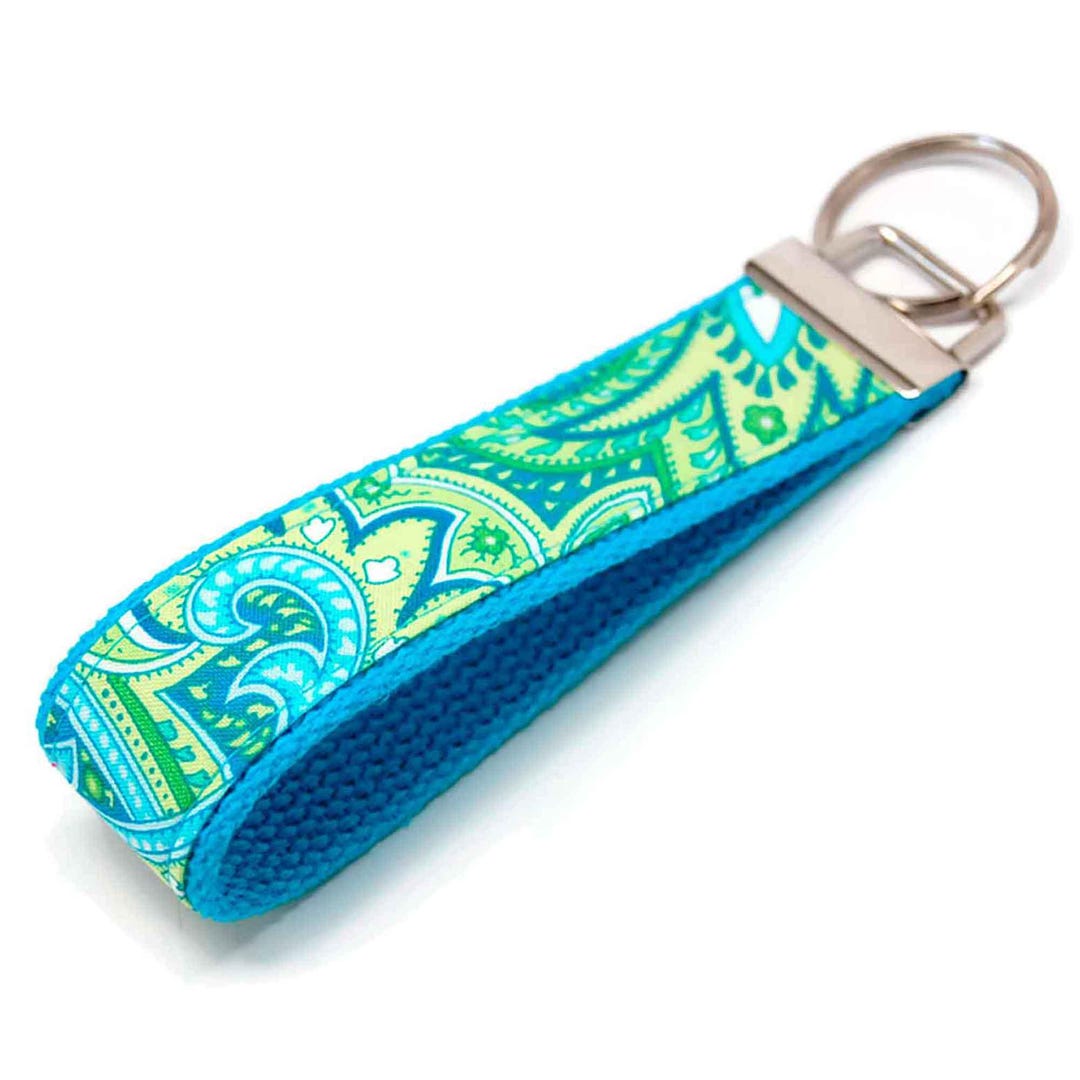 Paisley Keychain: Lime Green & Blue Cotton Webbing, Custom Hardware - Etsy