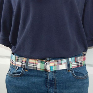 Madras Belt With D-rings Navy and Pink Colorful Patchwork Fabric Preppy Handmade Belts for Women ...