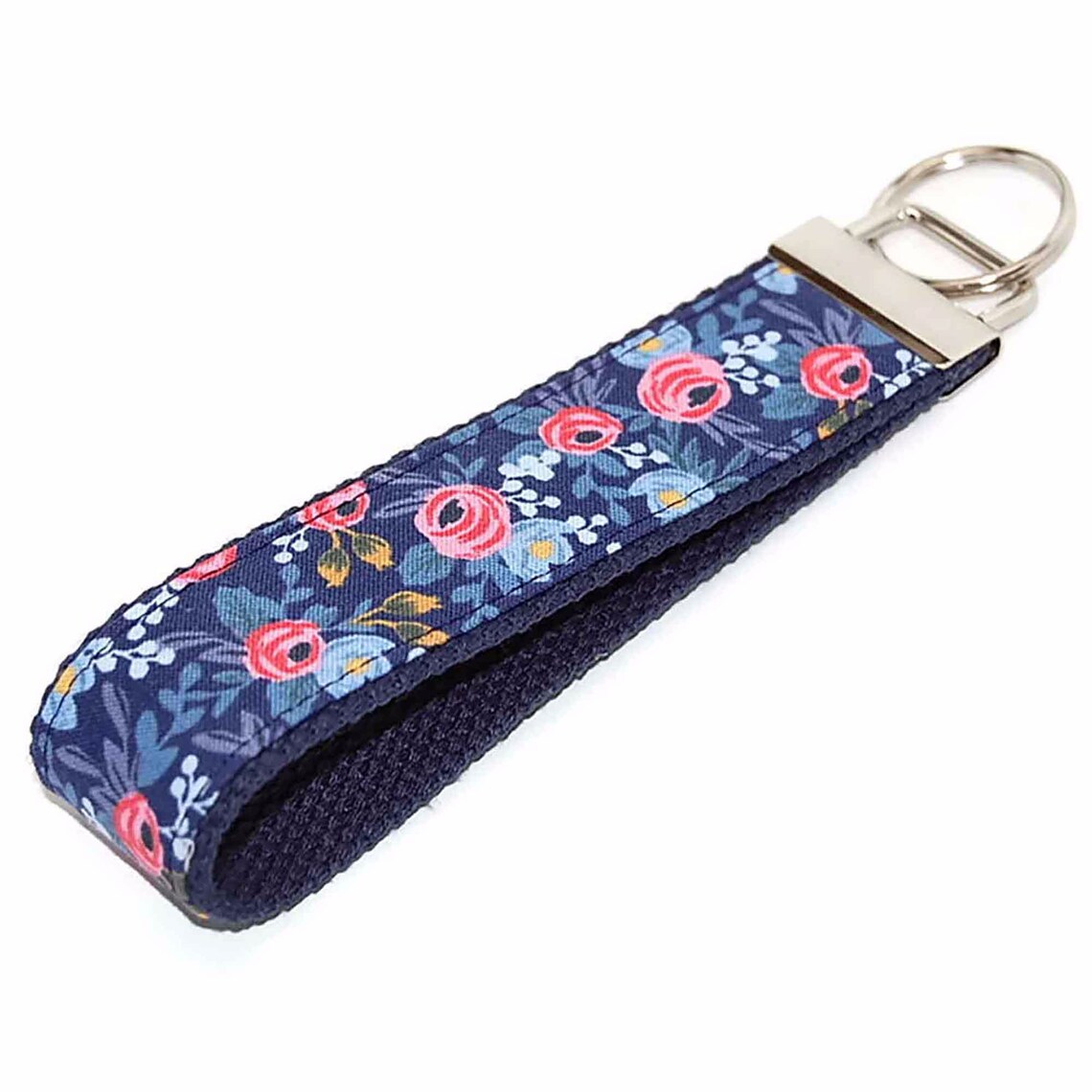 Floral Keychain Navy Blue and Coral Pink Fabric Key Fob - Etsy