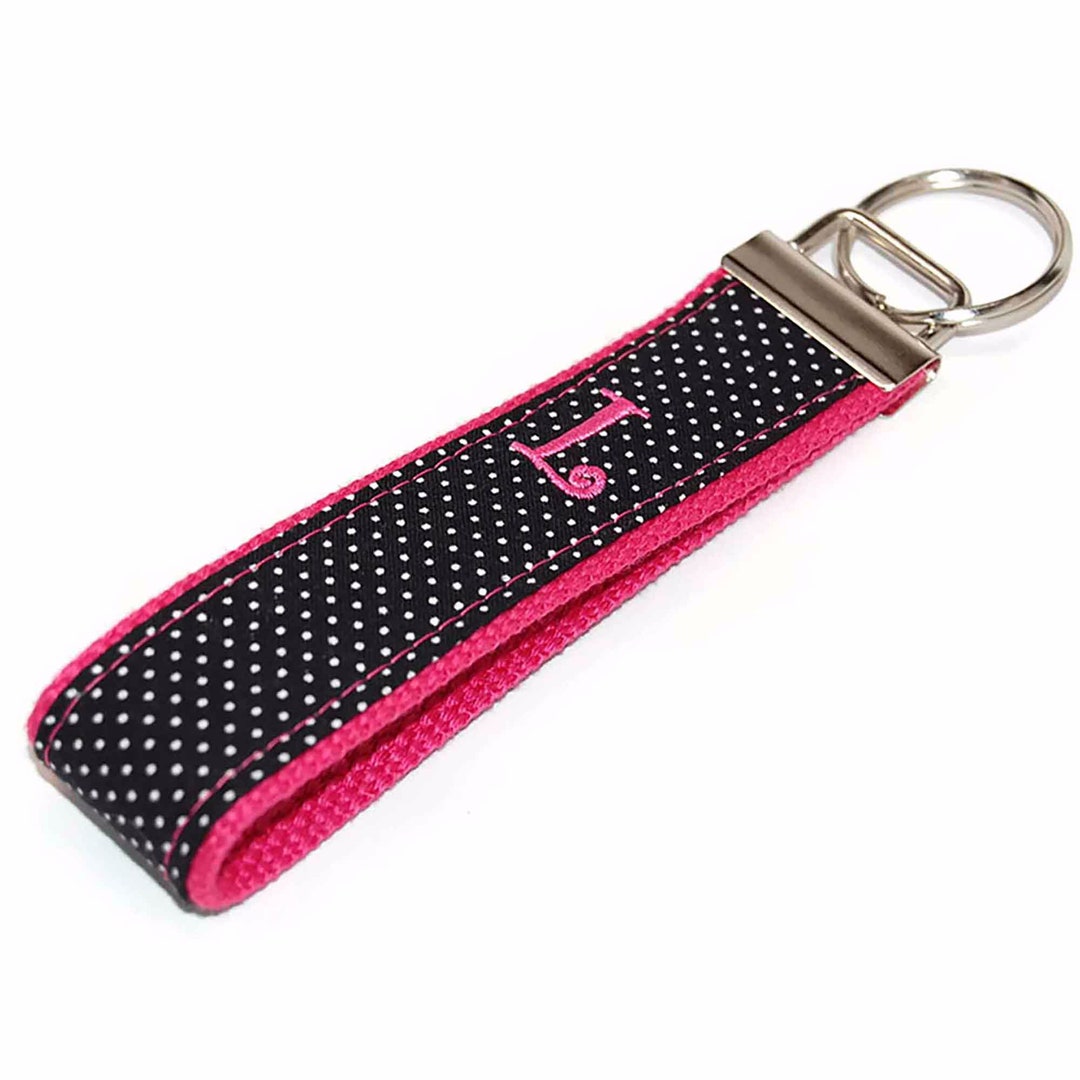 Personalized Embroidered Keychain: Black and Pink Swiss Dot Keyfob - Etsy