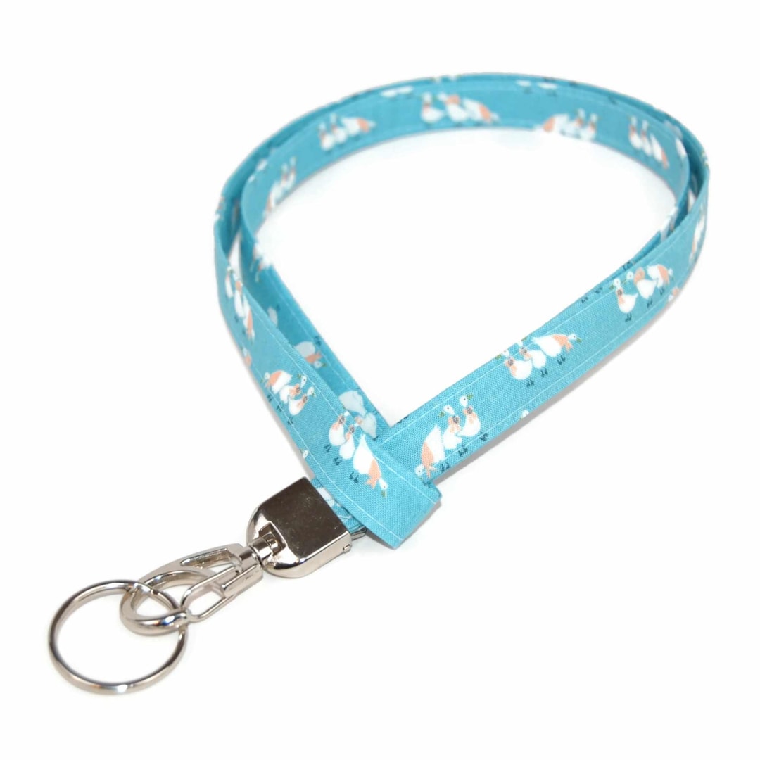 Goose Print Fabric Lanyard: Aqua Blue Neck Strap With Lobster Claw Clip ...