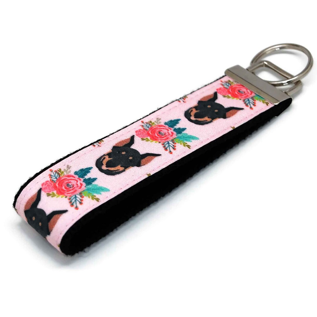 Doberman Keychain - Doberman Pinscher and Flower Wristlet Keychain ...