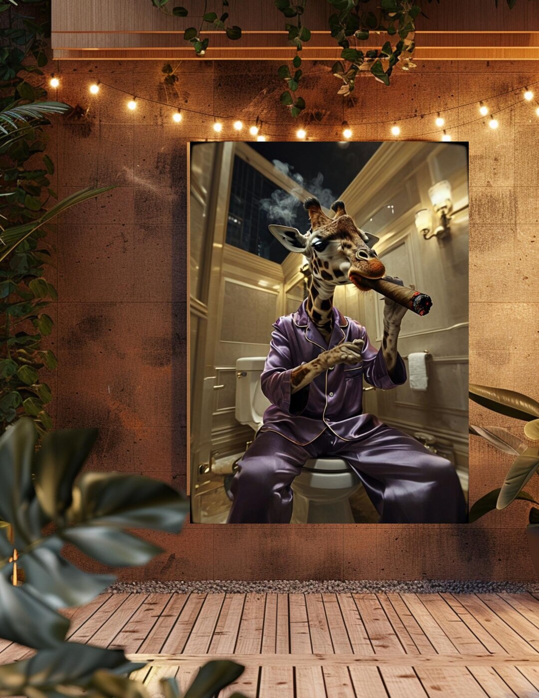 Silk Poster, Funny Giraffe Smoking Cigar in Posh Bathroom Pjs, Wall Art ...