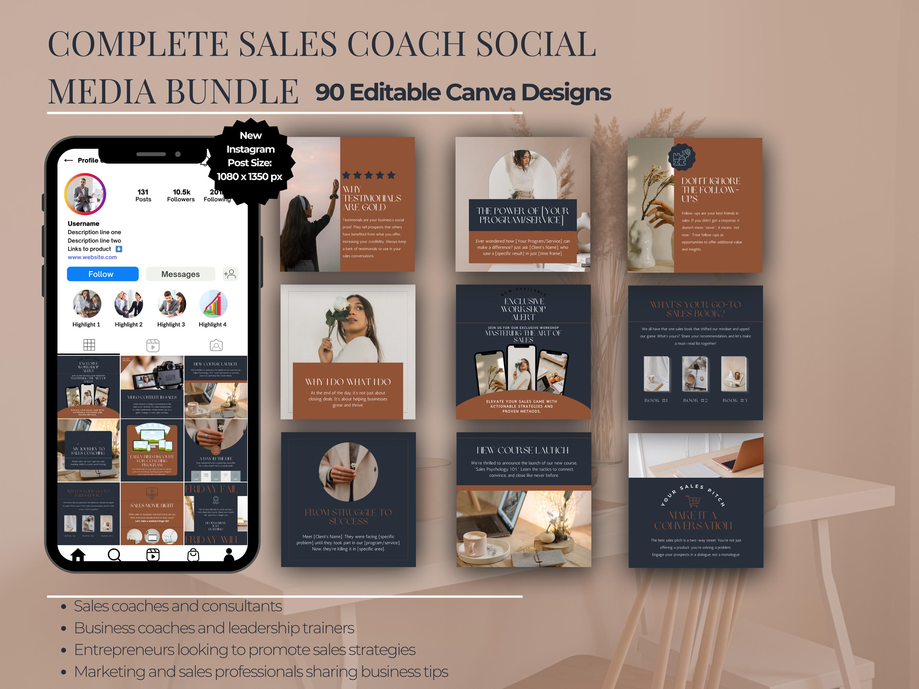 90 Sales Coach Social Media Bundle | Editable Canva Templates for Sales ...