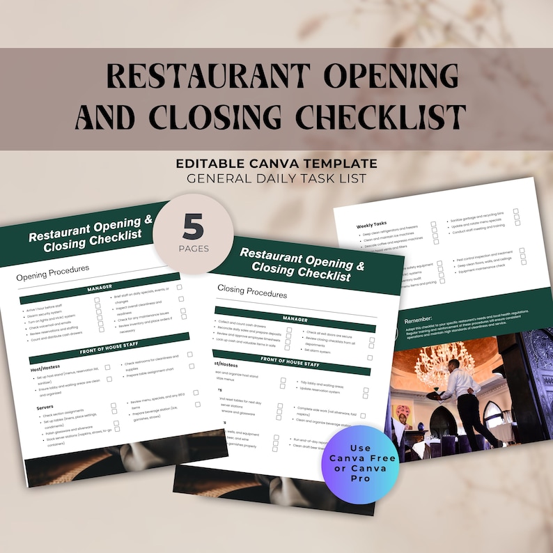 Restaurant Opening and Closing Checklist Canva Template | 5-page ...