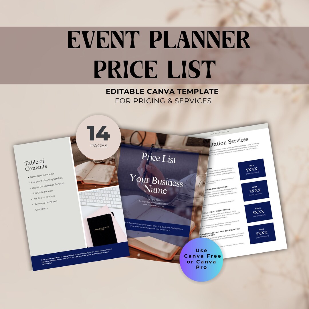 Event Planner Price List Canva Template | Editable 14-page Canva ...
