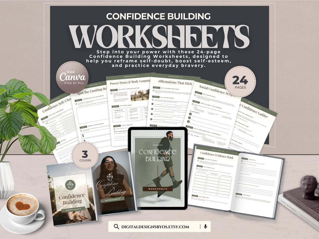 Confidence Building Worksheets | 24-page Canva Template | Self-esteem ...