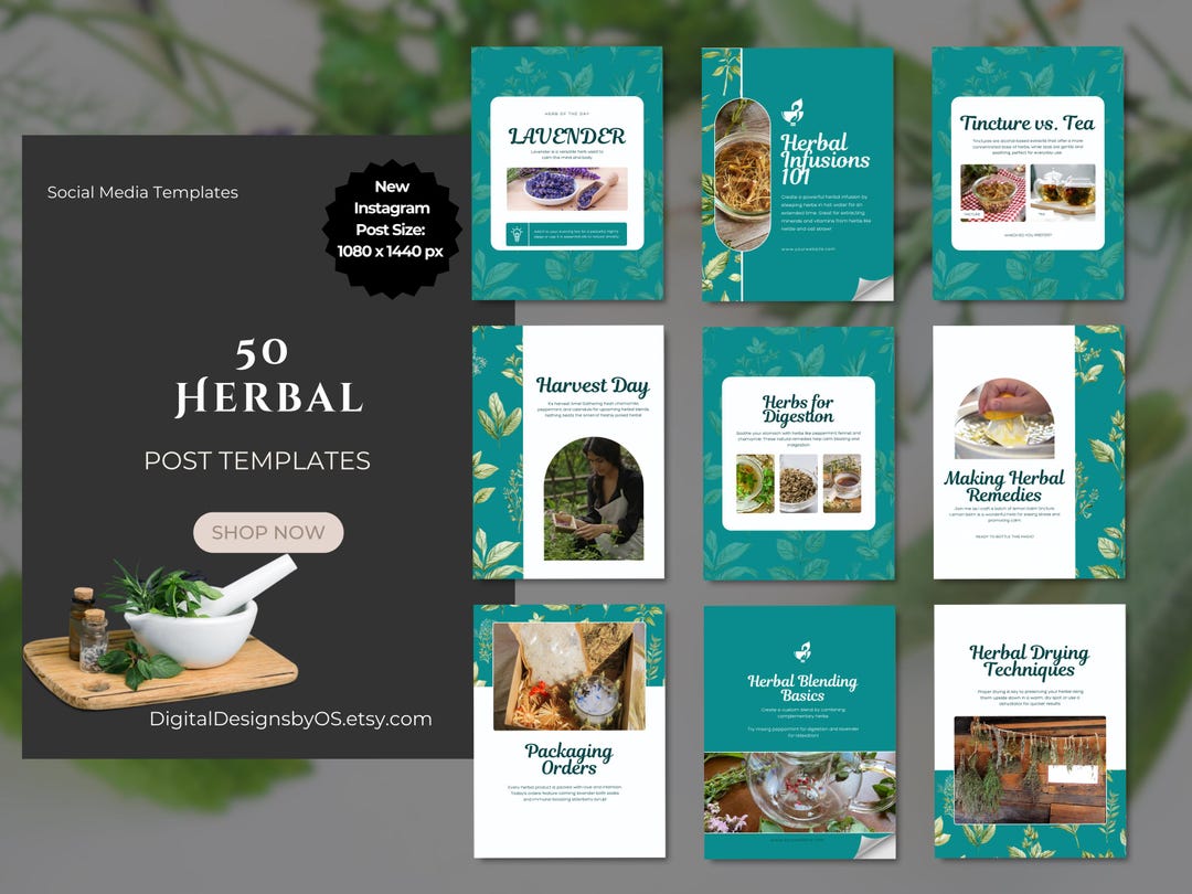 50 Herbal Instagram Post Templates: Wellness & Apothecary Canva ...