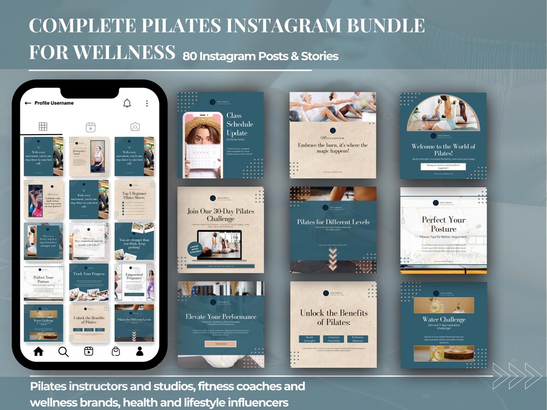80 Complete Pilates Instagram Bundle for Wellness Brands Post & Story ...