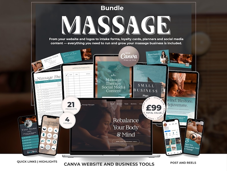 Massage Therapy Canva Template Bundle | Spa & Wellness Branding Kit ...
