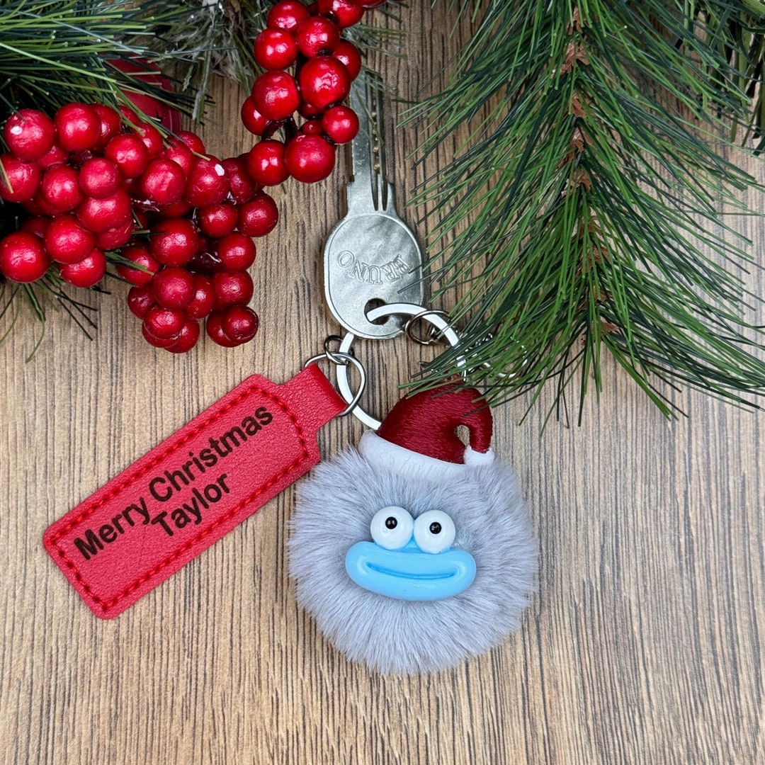 Fluffy Personalized Santa Keychain Gray Custom Engraving - Leather ...