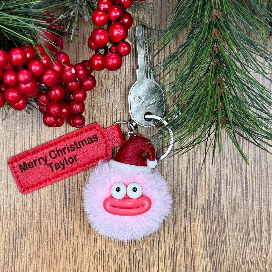 Fluffy Personalized Santa Keychain With Custom Engraving - Leather ...