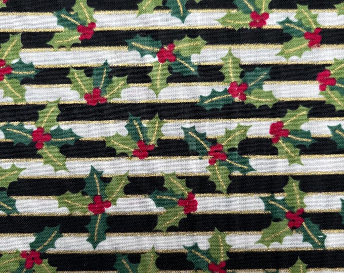 Christmas Holly Cotton Fabric NEW BTY Holiday Cotton Fabric Gold Black ...