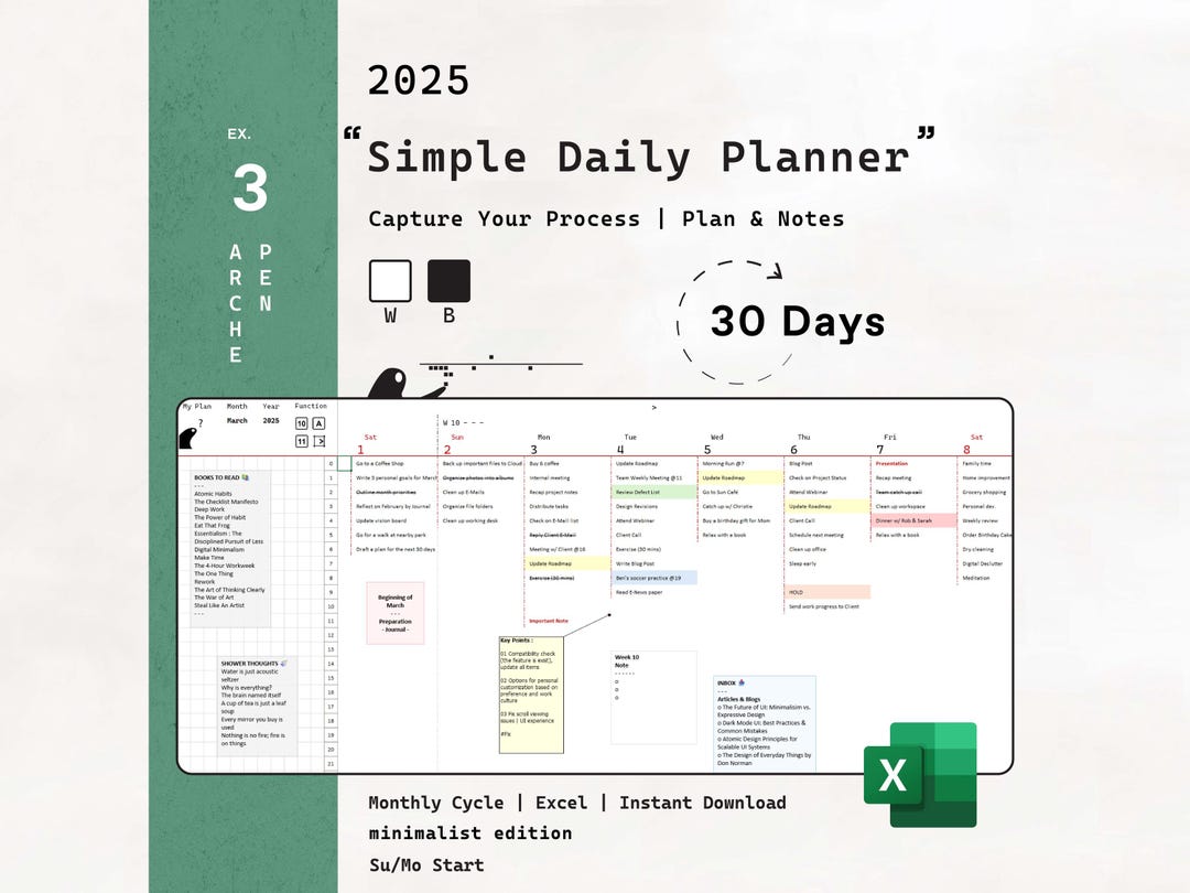 2025 Minimal Daily Planner | 30-day Excel Spreadsheet & Monthly Digital ...