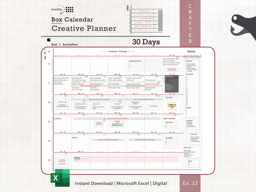 Ex 12 Box Grid Monthly Planner/calendar Excel Template Daily, Weekly ...