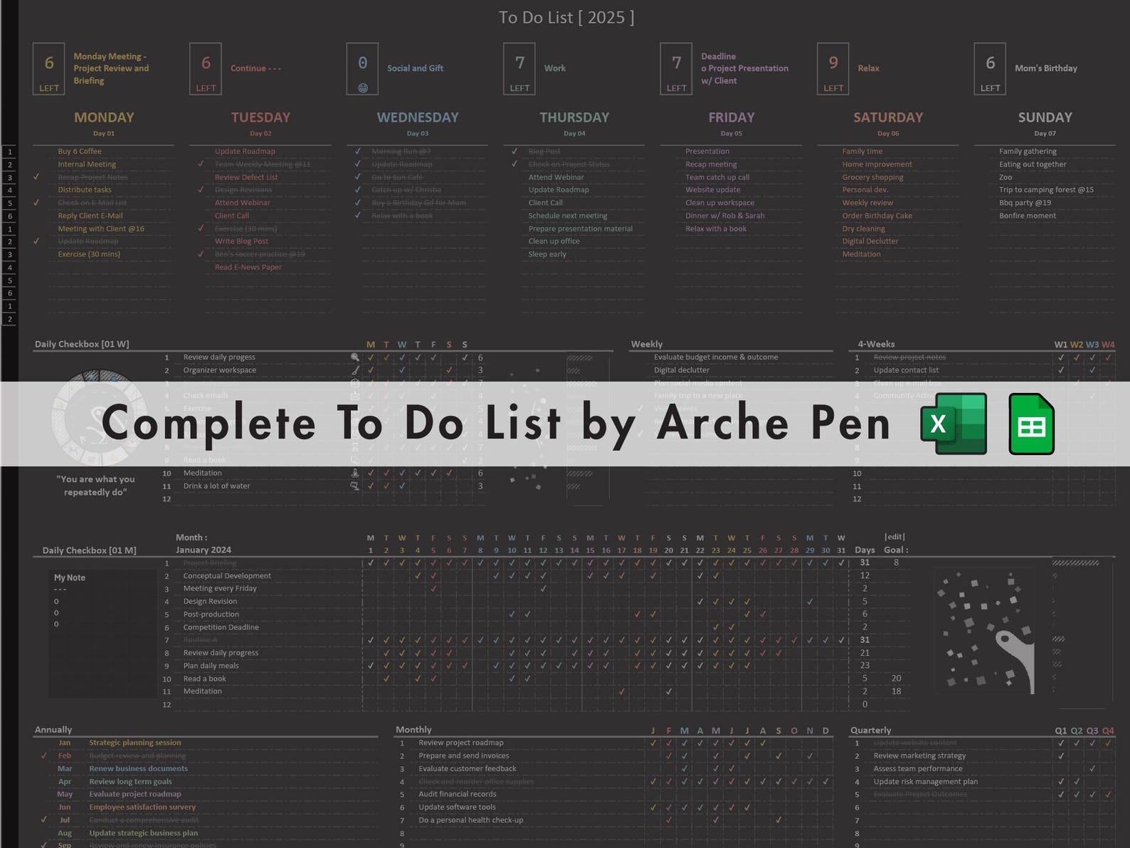 Complete To-do List, Dark Planner Spreadsheet, Daily, Weekly, Monthly ...