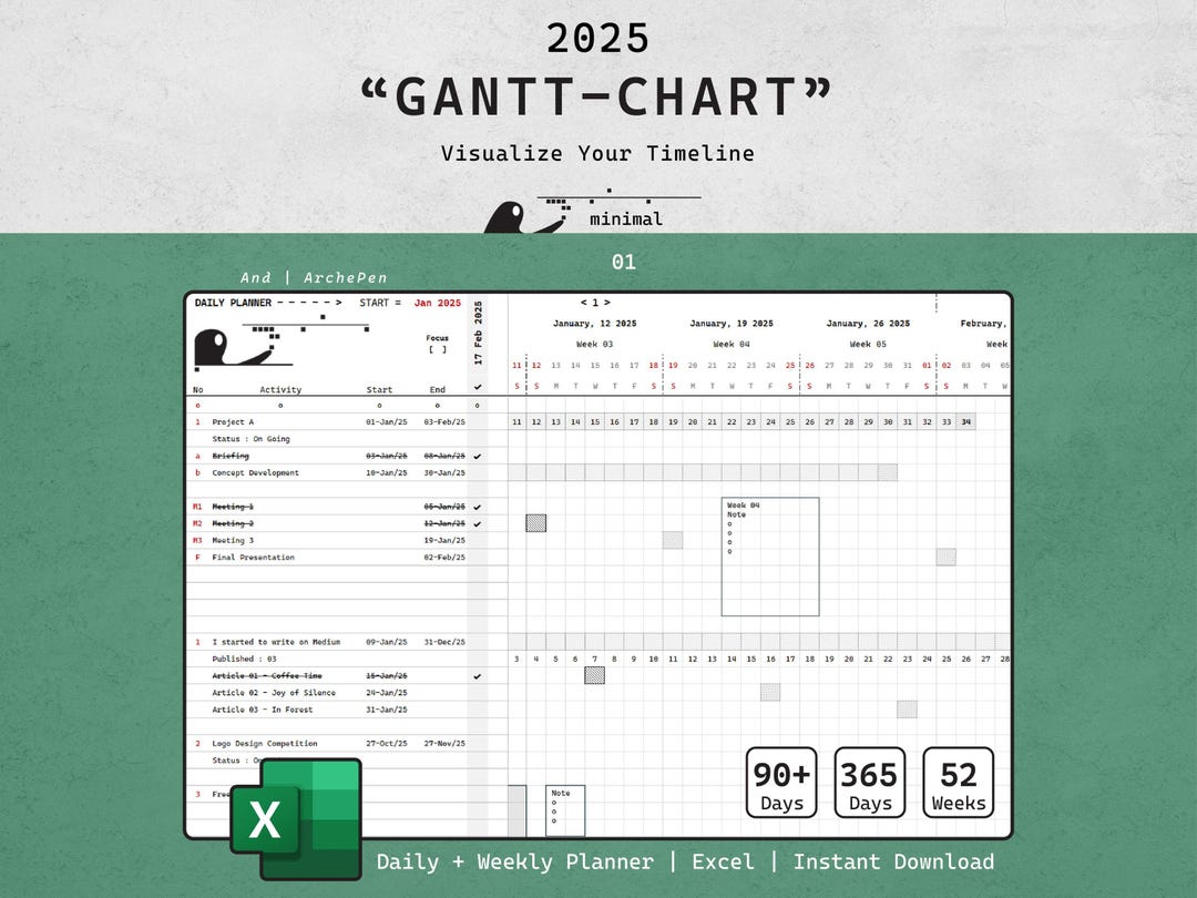 2025 Gantt Chart Excel Planner 365 Days 52 Weeks One Year Timeline ...