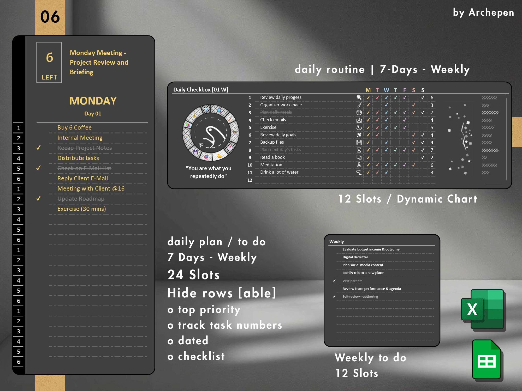 Complete To-do List, Dark Planner Spreadsheet, Daily, Weekly, Monthly ...