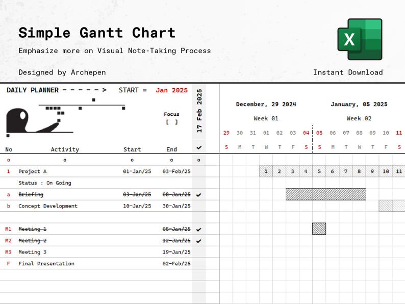 2025 Gantt Chart Excel Planner | 365-day & 52-week One-year Timeline ...