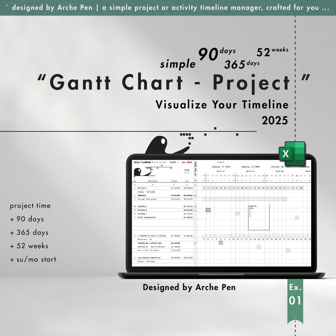 2025 Gantt Chart Project Excel Planner | 365 Days & 52 Weeks | Daily ...