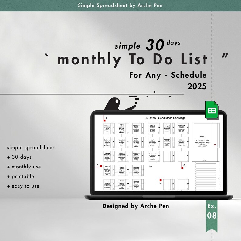 Simple Monthly To-do List Checkbox Spreadsheet Template 30-days Goal ...